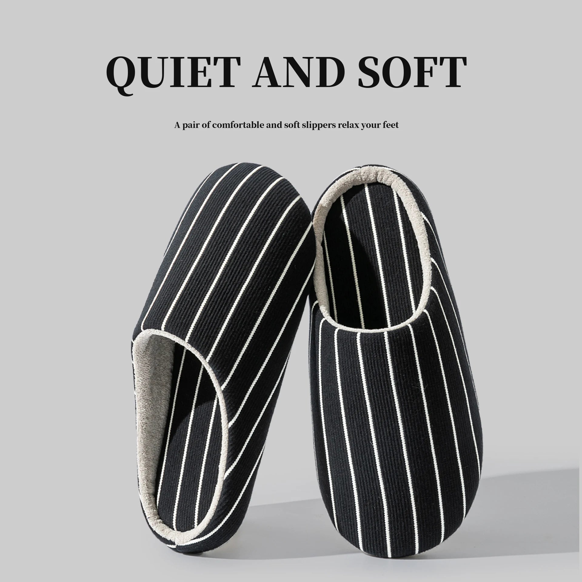 Men's Striped Slippers, Non-Slip Indoor House Shoes with Soft Flat Sol